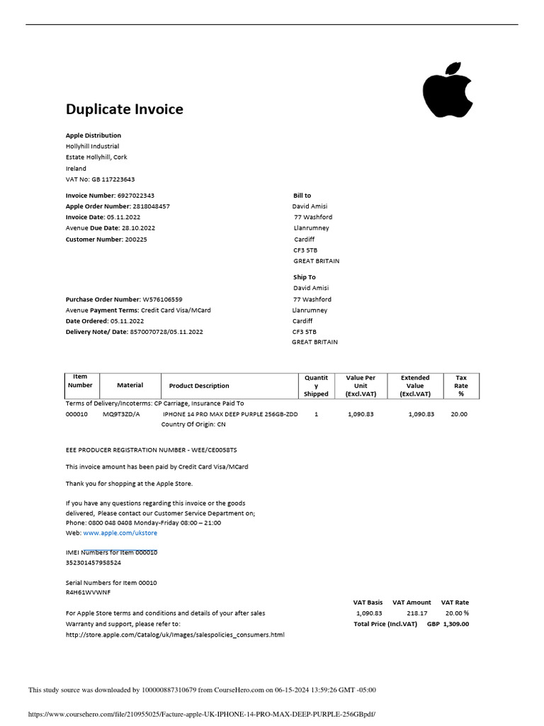 Facture Apple Uk iPhone 14 Pro Max Deep Purple 256gb.pdf | PDF | Value Added Tax | Invoice