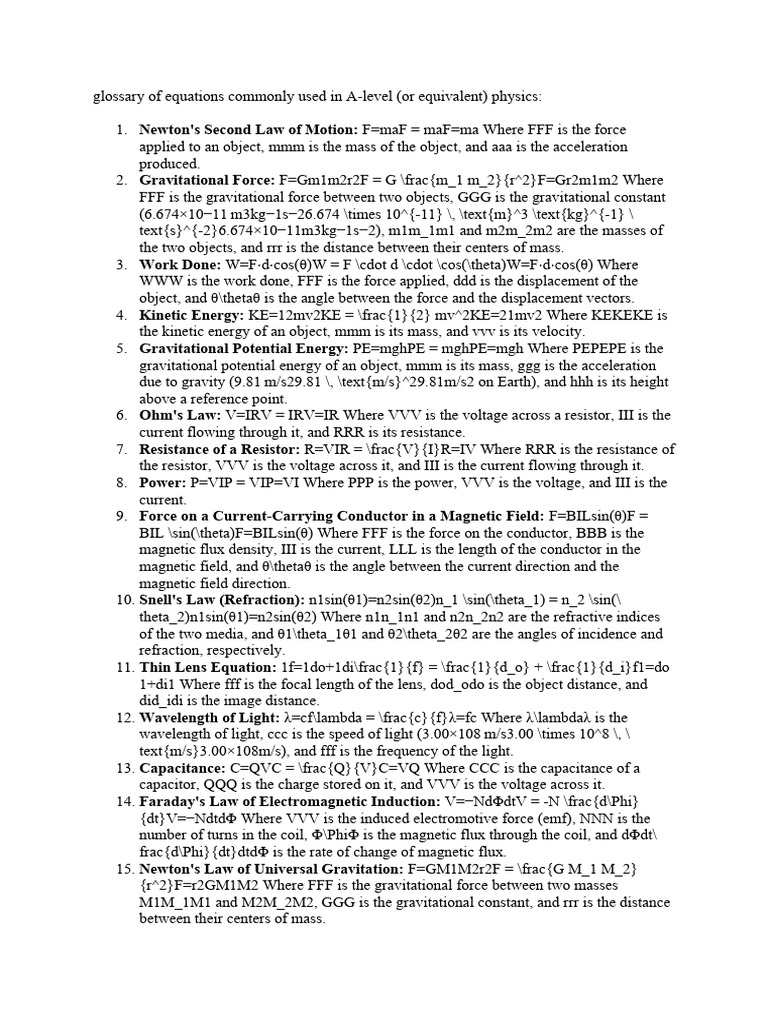 glossary of physics equations | PDF | Electromagnetic Induction | Force