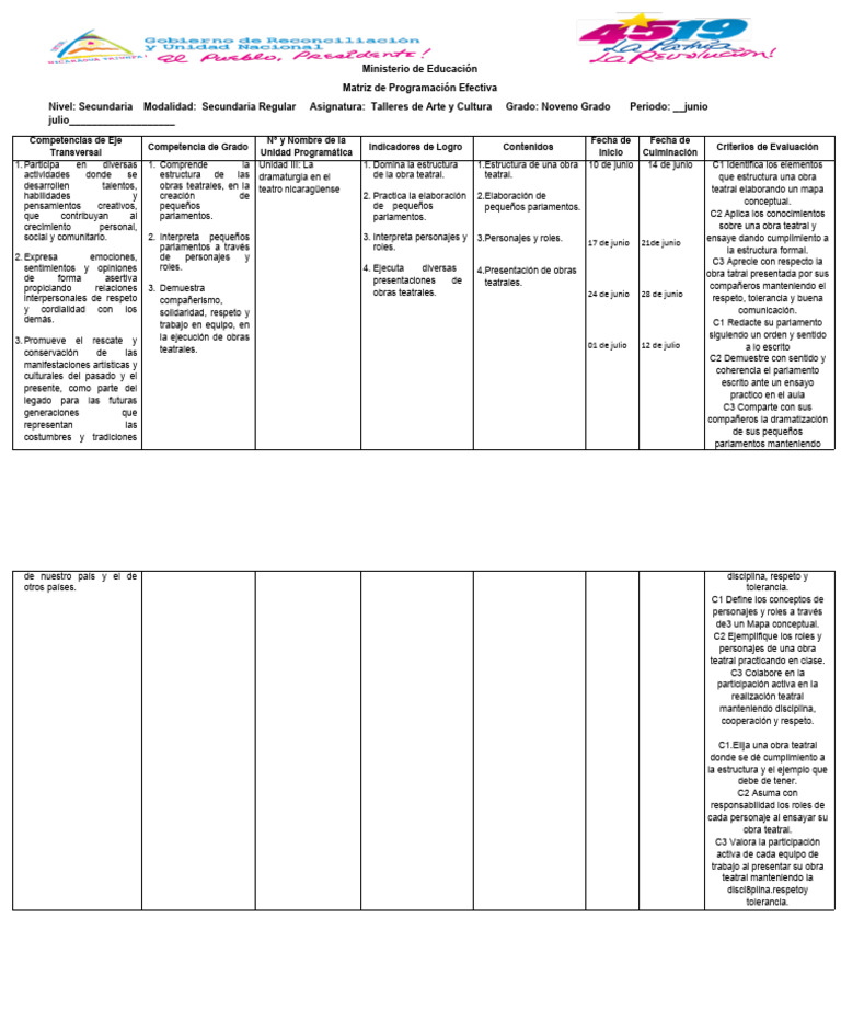 Matriz de Programación Efectiva de TAC - TEATRO - NOVENO GRADO (2024) | PDF | Teatro | Educación ...