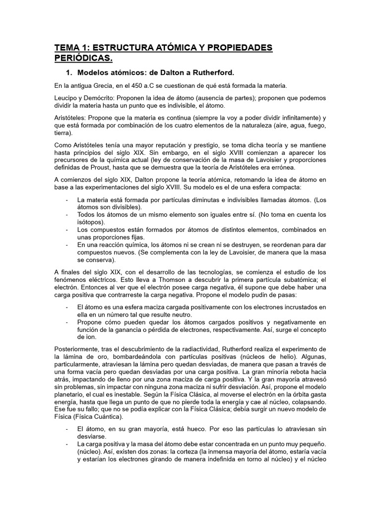 Tema 1. Estructura Atómica y Propiedades Periódicas. | PDF | Átomos | Electrón