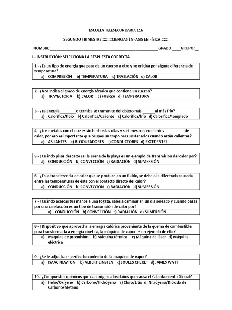 EXAMENFISICA2T | PDF | Conduccion termica | Calor