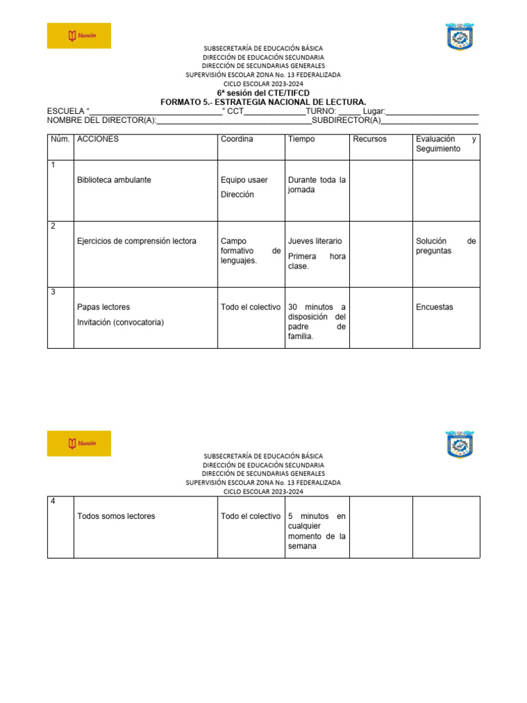 FORMATO 5 ESTRATEGIA NACIONAL DE LECTURA 6a Sesión CTE | PDF | Aprendizaje