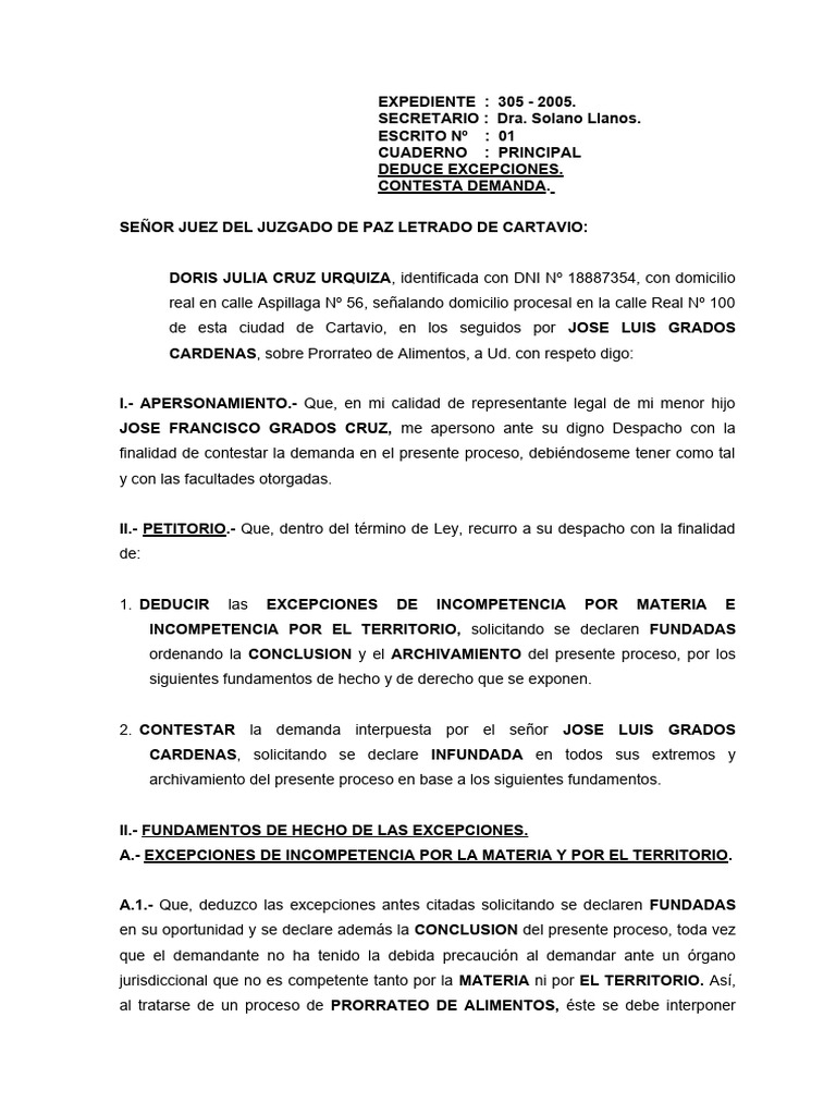 Excepciones y Defensa en Prorrateo | PDF | Demanda judicial | Justicia