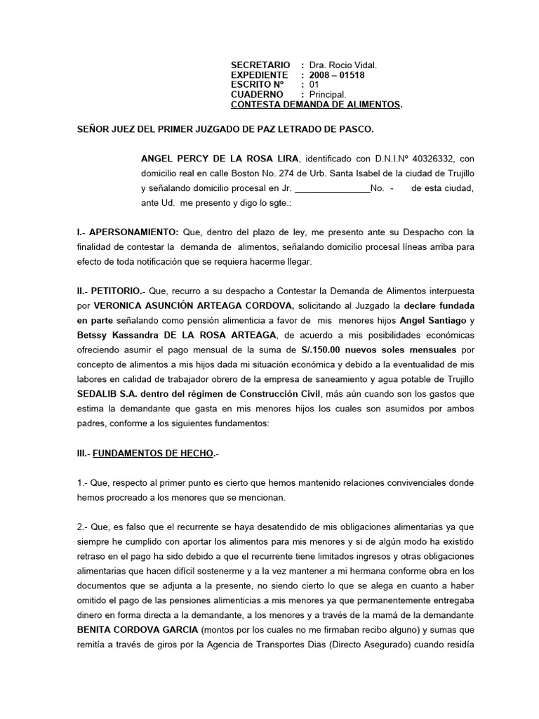 Cont. Alim. Percy de La Rosa | PDF | Pensión alimenticia