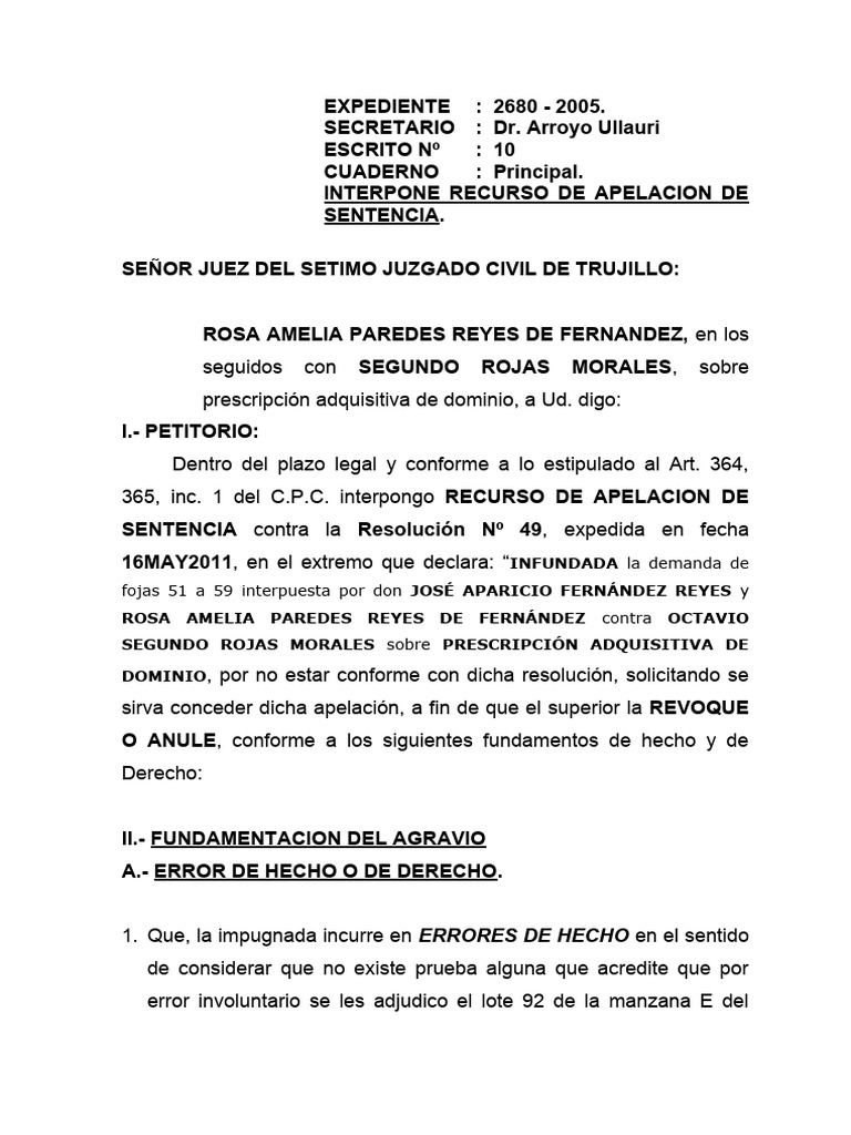 Apelación por Prescripción Adquisitiva | PDF | Propiedad | Posesión (Ley)