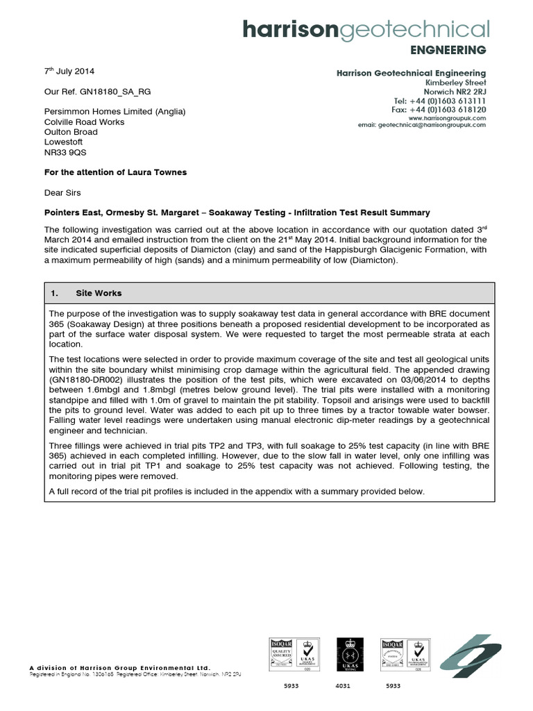 Soakaway Test Results for Pointers East | PDF | Gravel | Earth Sciences