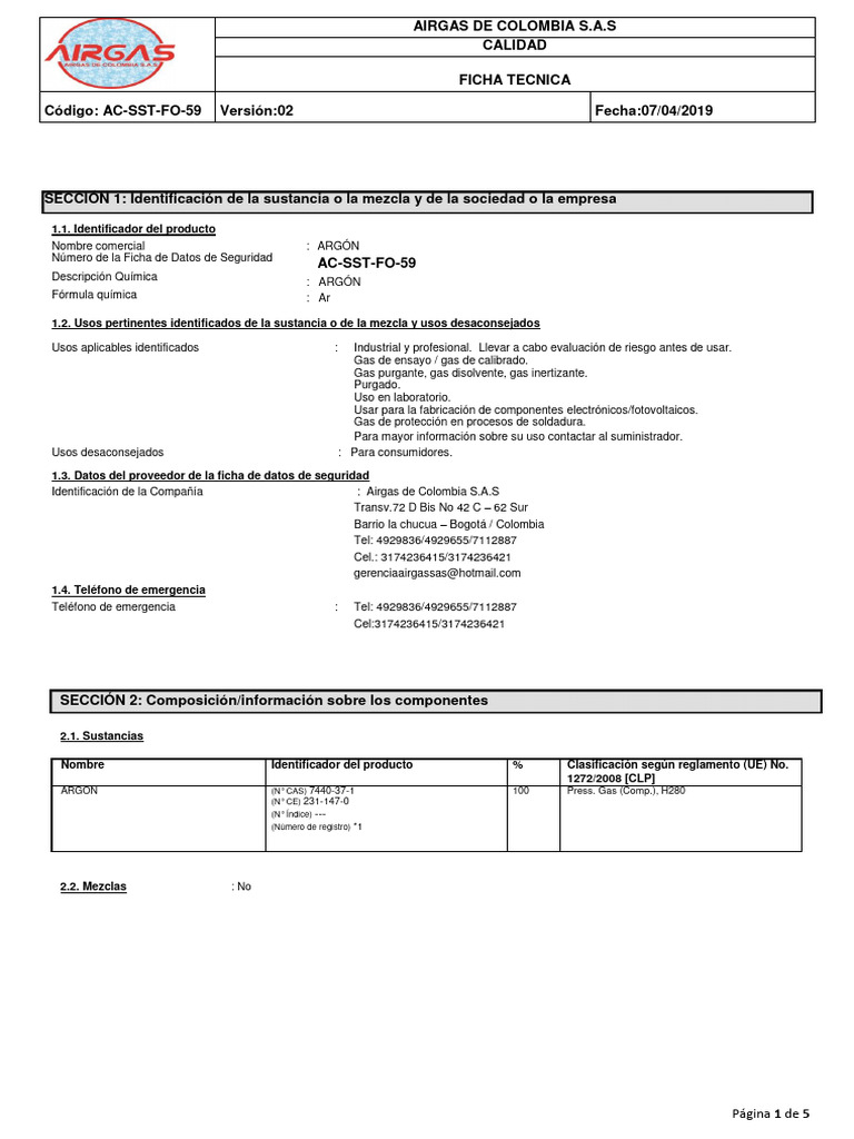 FDS Argon AIRGAS | PDF | Gases | Agua