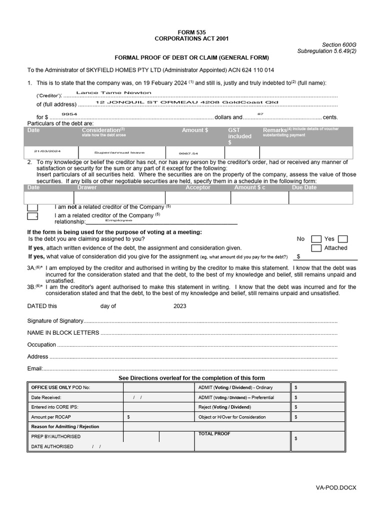 VA-POD Form 535 Proof of Debt (For Voting Purposes Only) - S11927VA 2 ...