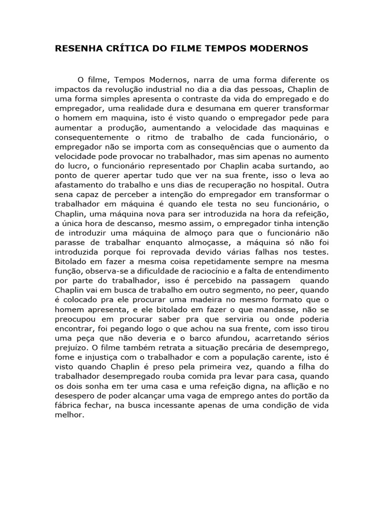 RESENHA CRÍTICA DO FILME TEMPOS MODERNOS | PDF RESENHA CRÍTICA DO FILME TEMPOS MODERNOS | PDF