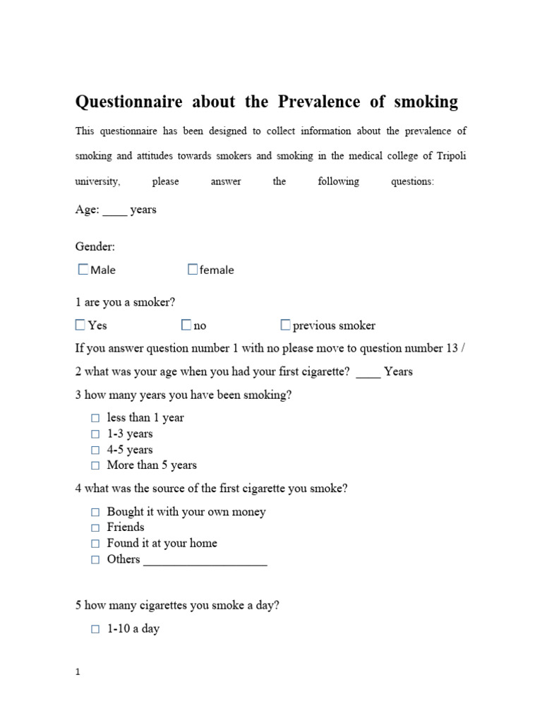 Questionnaire | PDF | Tobacco Smoking | Addiction