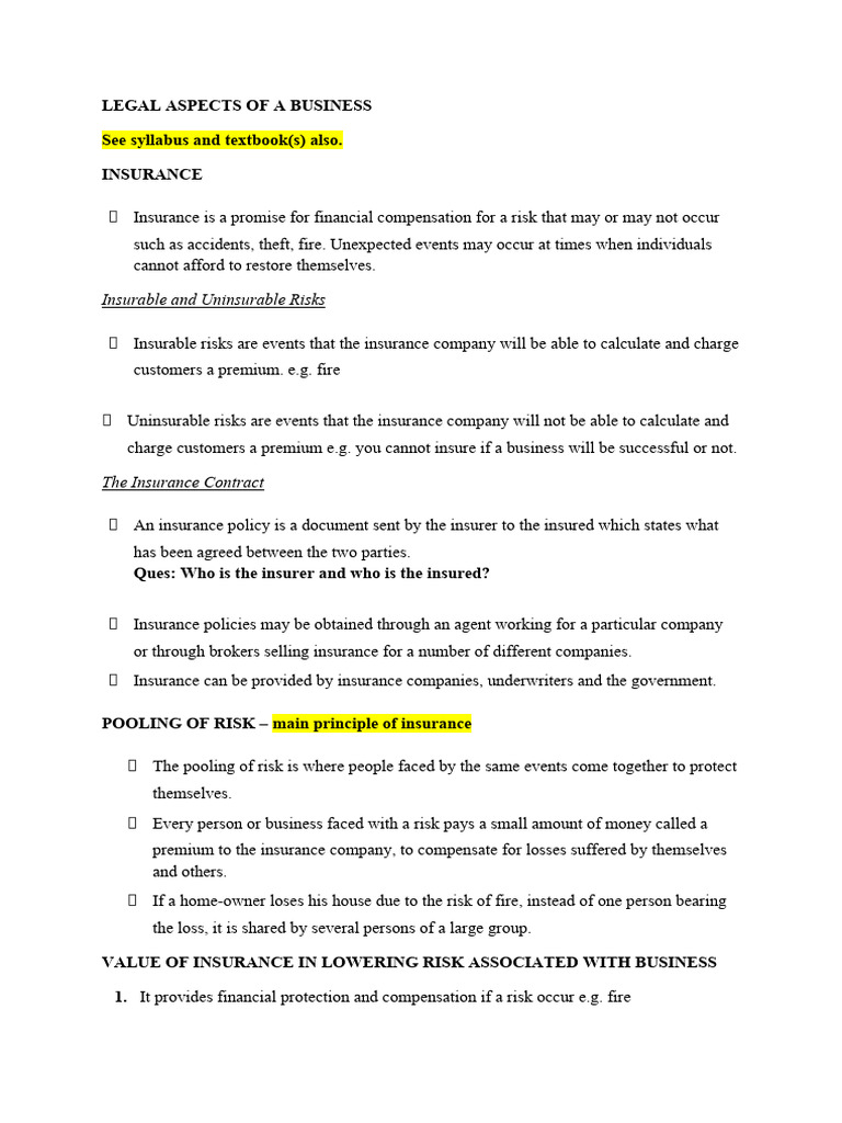 Insurance notes (LEGAL ASPECTS OF A BUSINESS) | PDF | Insurance | Life ...