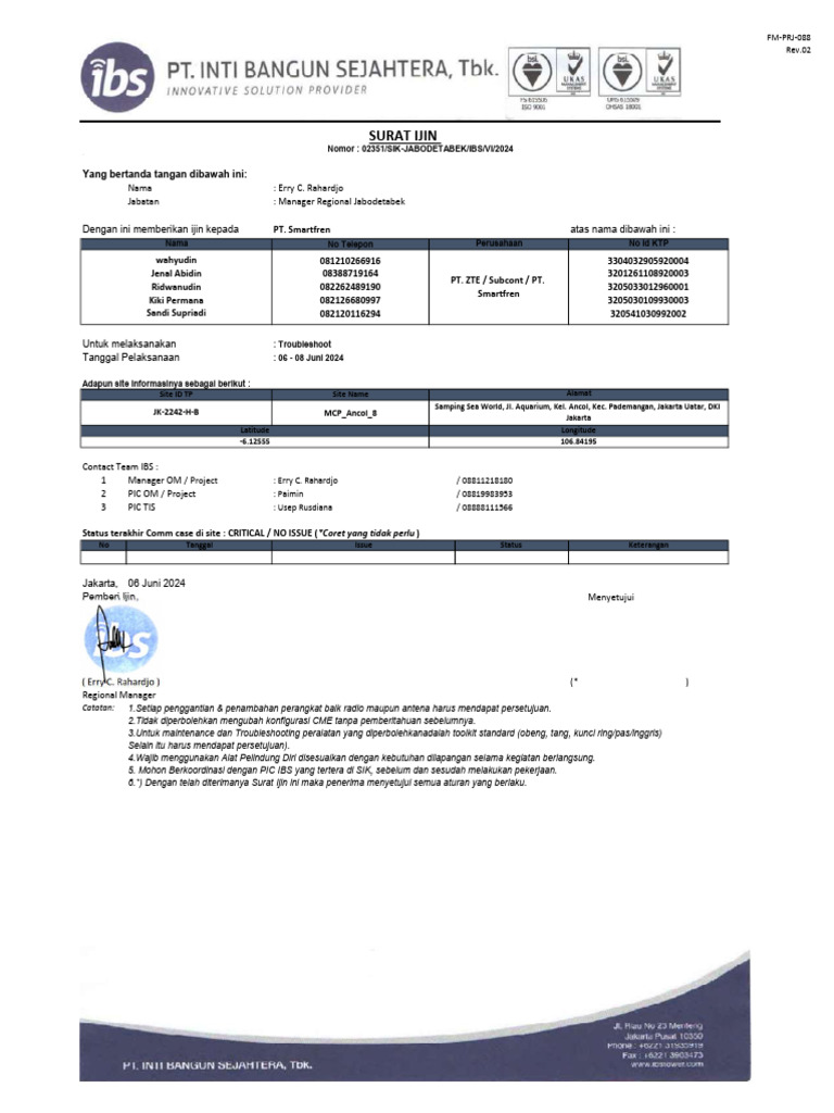 Surat Ijin Troubleshoot PT. Smartfren | PDF