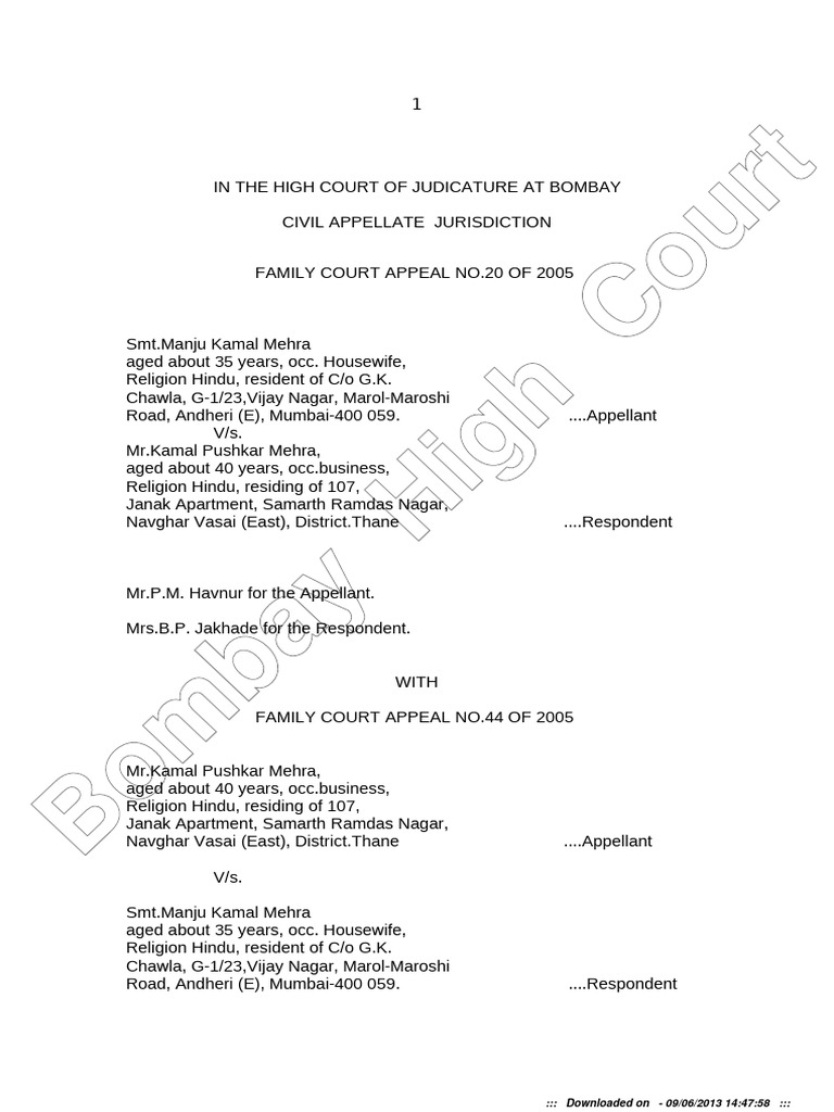 Road Vs MR Kamal Pushkar Mehra On 18 July 2009 | PDF | Alimony | Marriage