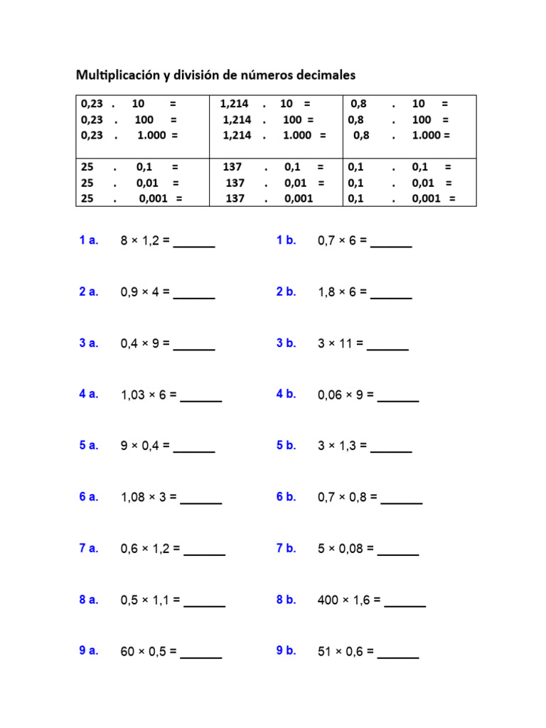 Multiplicación y División de Números Decimales | PDF