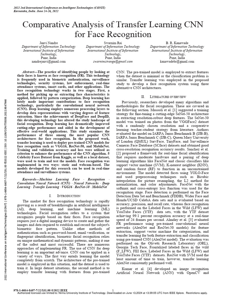 Comparative Analysis of Transfer Learning CNN For Face Recognition | PDF | Artificial Neural ...