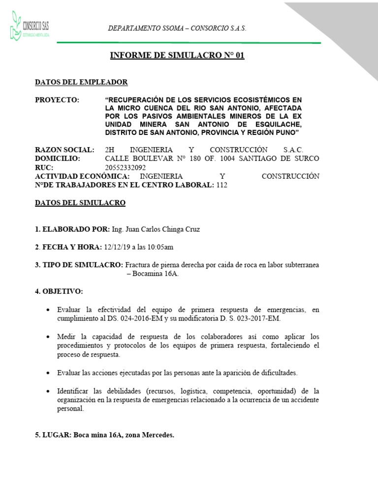 Informe Simulacro N°01 Por Caida de Roca en Socavón | Descargar gratis PDF | Ambulancia ...