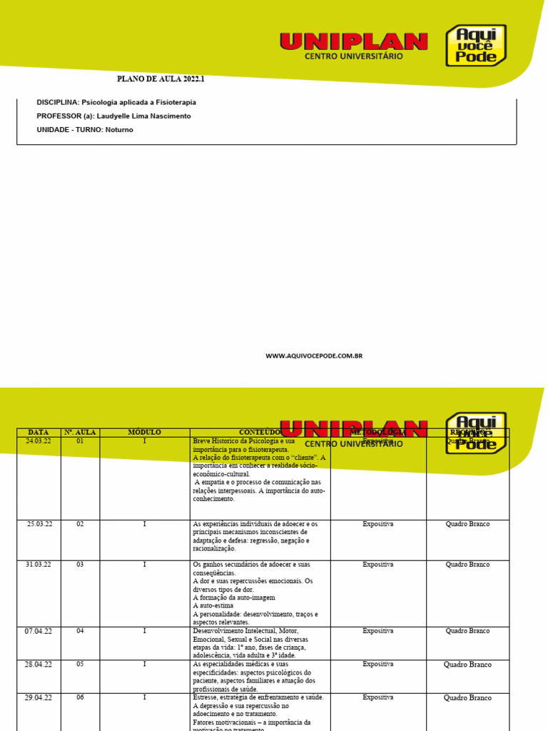 Modelo Plano de Aula | Download grátis PDF | Psicologia | Fisioterapia