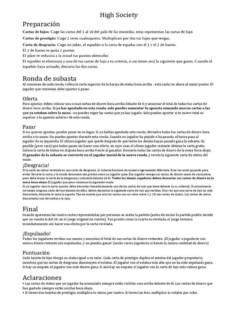 Reglas y Estrategias de High Society | PDF | Subasta | Juego de azar