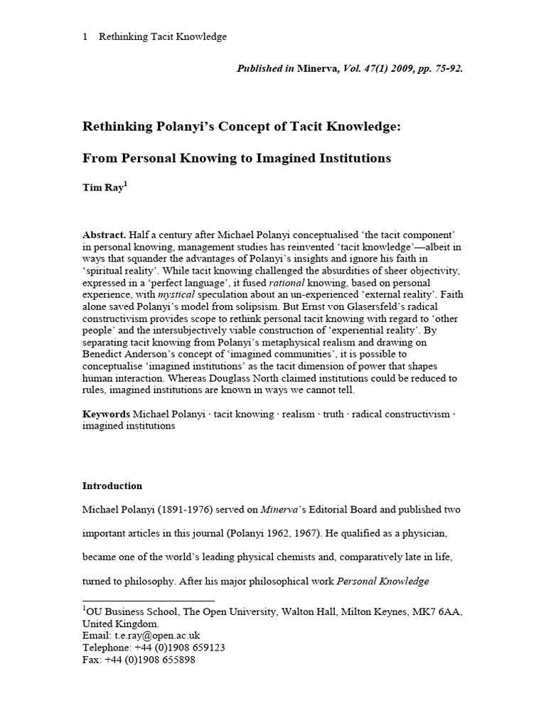 Tim Tacit Knowledge MINERVA (ORO Journal Article No. 15782) Doc | PDF | Tacit Knowledge | Knowledge