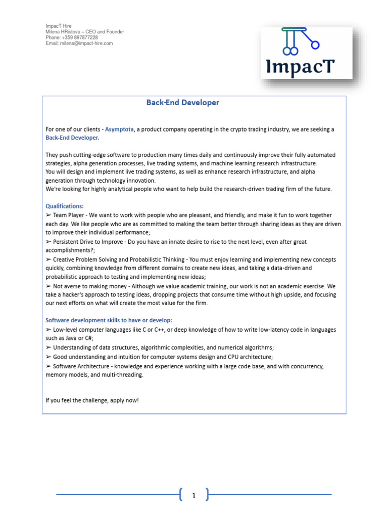 Back-End Developer Job in Crypto Trading | PDF