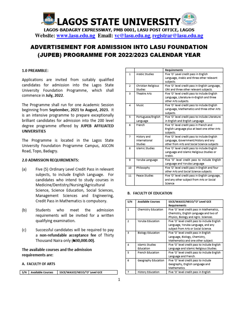 Advertisement For Admission Into Lasu Foundation (Jupeb) Programme For ...