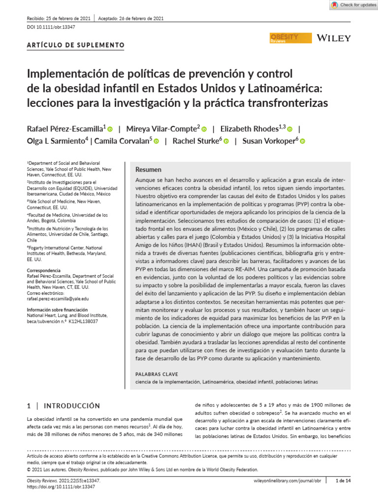 Obesity Reviews - 2021 - P Rez Escamilla - Implementaci N de Pol Ticas de Prevenci N y Control ...