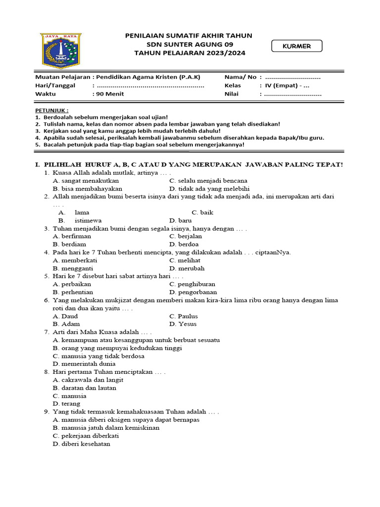 Penilaian Sumatif Akhir Tahun Pak Kls 4 Tp.23-24 | PDF