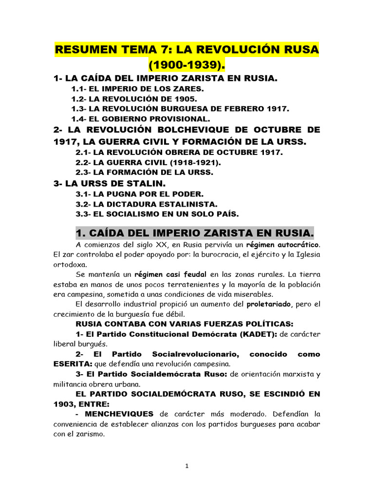 Resumen Tema 7 Rev. Rusa | PDF | Alemania nazi | Bolcheviques