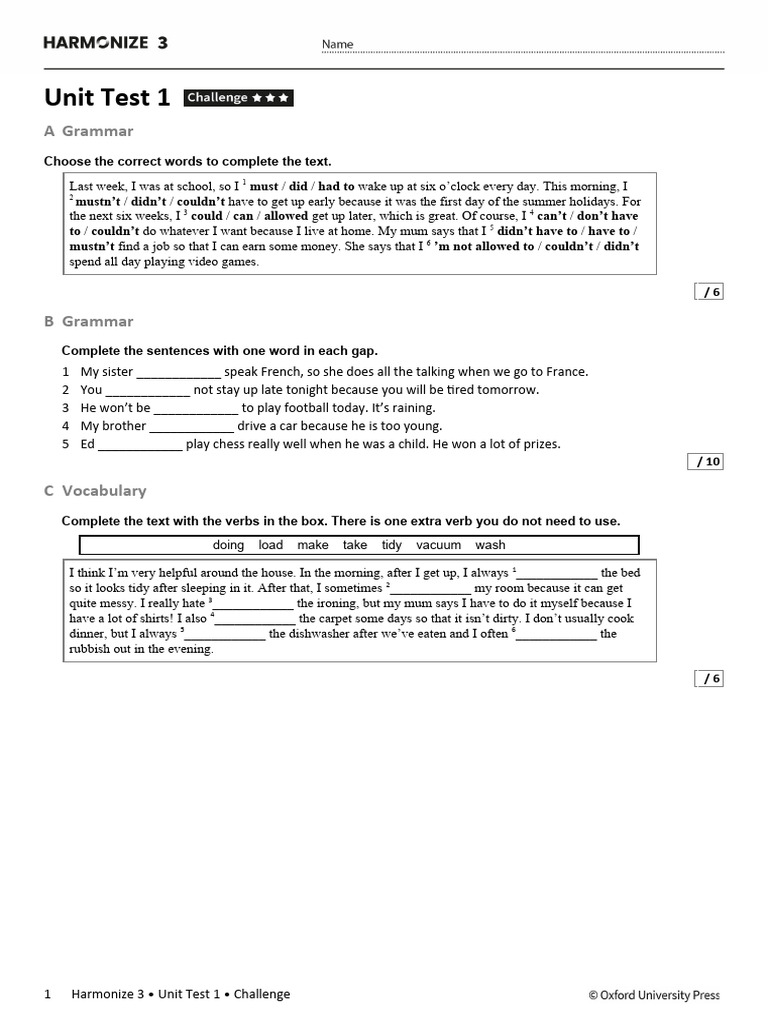 Harmonize - 3 - Unit 1 Test - Challenge | PDF