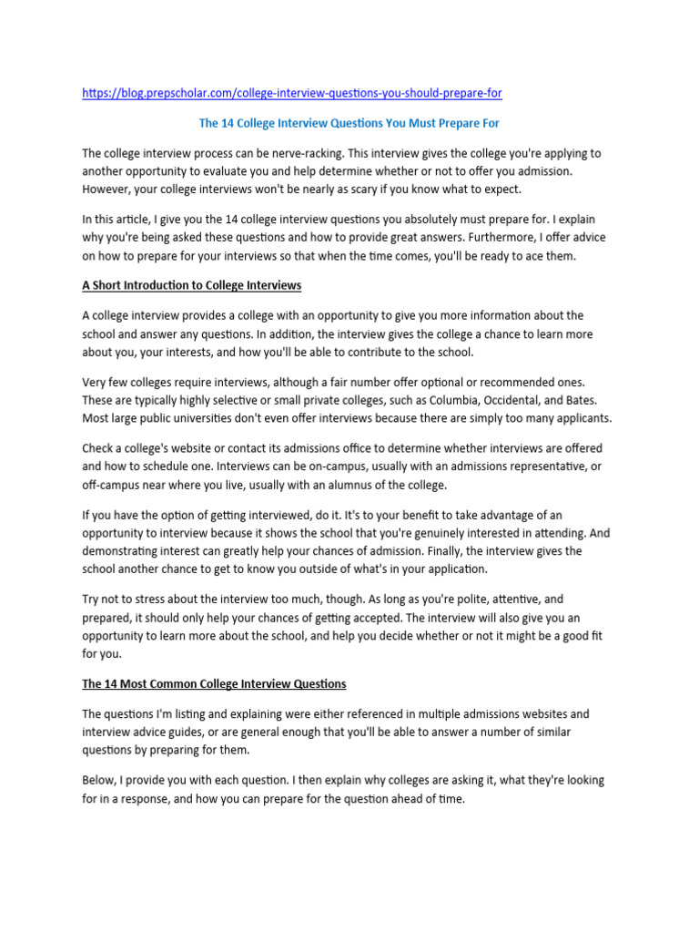 College Interview Questions | Download Free PDF | Question | Thought