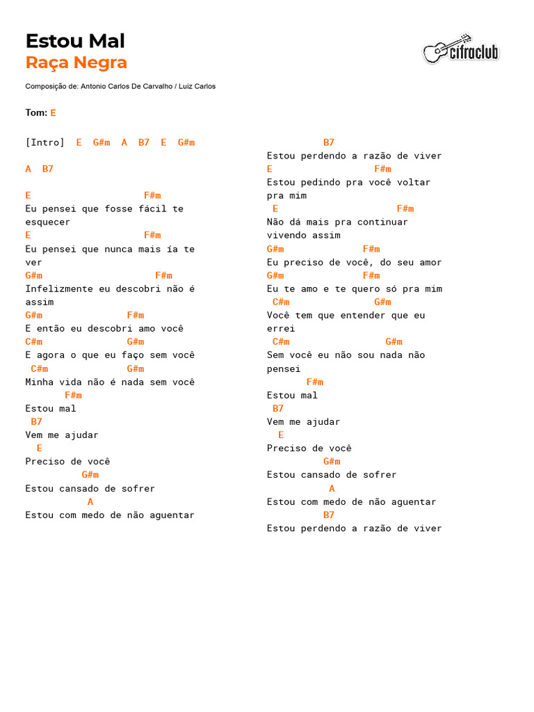Cifra Club - Raça Negra - Estou Mal | PDF