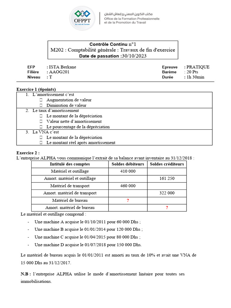 Contrôle Continu en Comptabilité Générale | PDF | Dépréciation ...