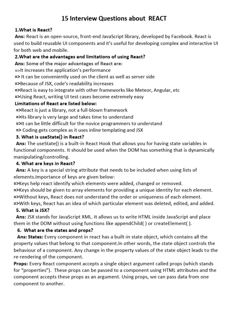 15 Interview Questions About REACT | PDF | Document Object Model | Web ...