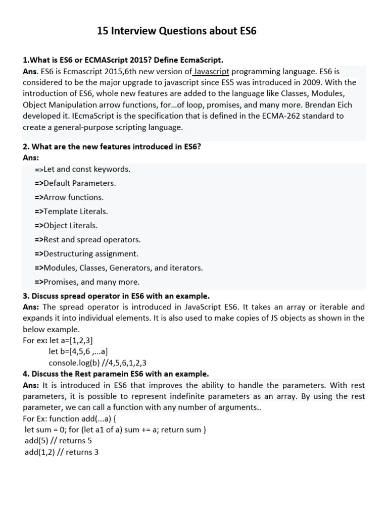 ES6 Interview Questions Guide | PDF | Java Script | Computer Programming