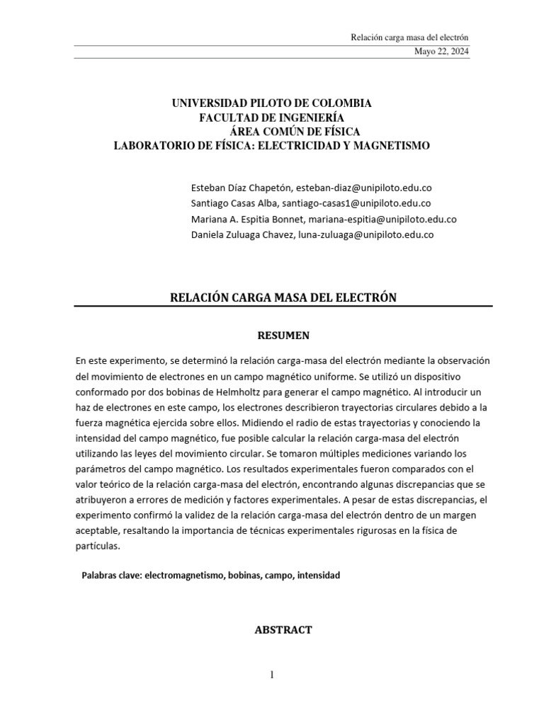 Relación Carga Masa Del Electrón | PDF | Fuerza | Electrón