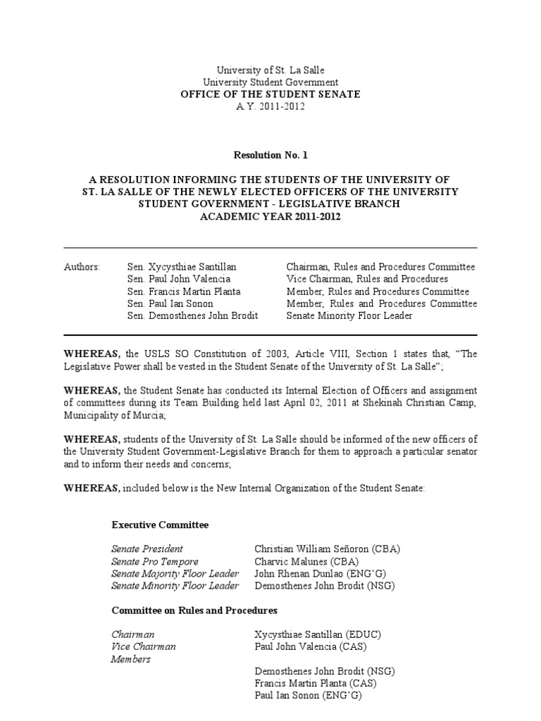 Resolution No. 1 | United States Senate | Chairman