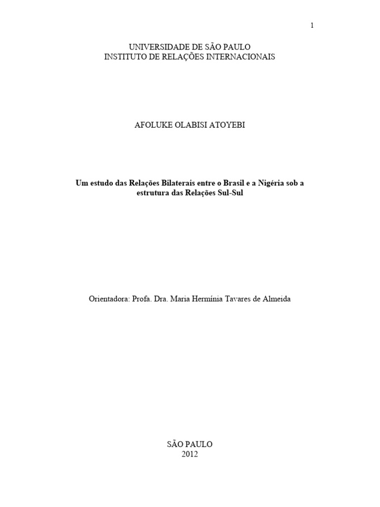Afoluke Olabisi Atoyebi, Dissertação Um Estudo Das Relações Bilaterais ...