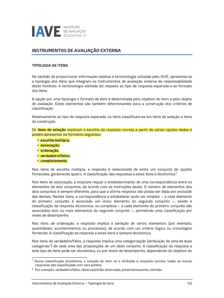 Tipologia de Itens Nos Exames Finais Nacionais, IAVE | PDF | Conjunto (Matemática)