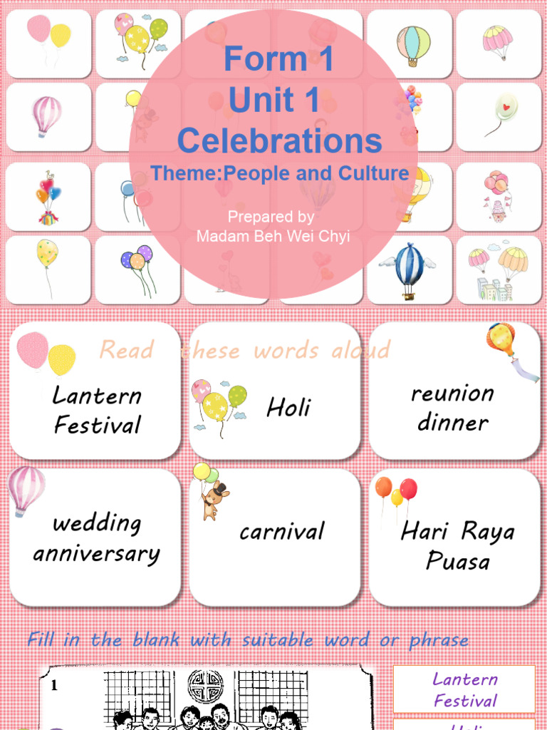 Form 1 Unit 1 Celebration People and Culture Vocab N Grammar WH ...