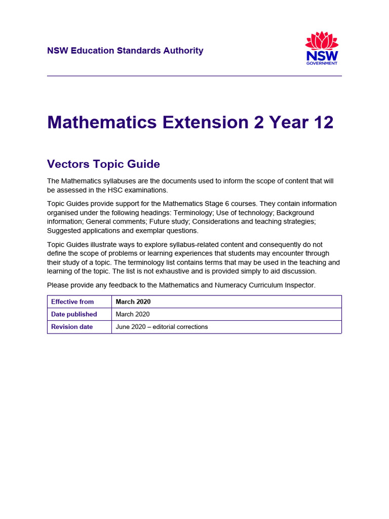 Mathematics Extension 2 Year 12 Topic Guide Vectors Word | PDF | Euclidean Vector | Line (Geometry)