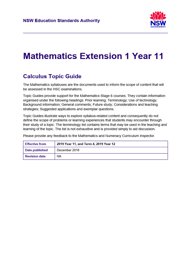 Mathematics Extension 1 Year 11 Topic Guide Calculus | PDF | Calculus ...
