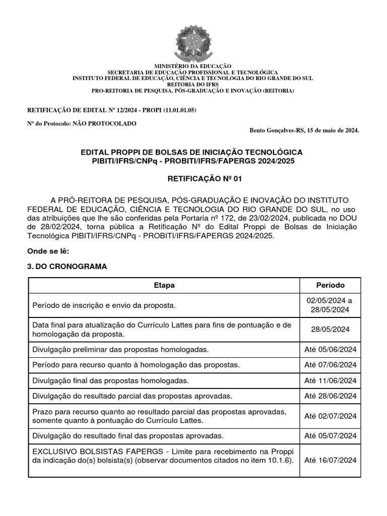 Retificação Edital PIBITI 2024/2025 IFRS | PDF | Finanças e ...