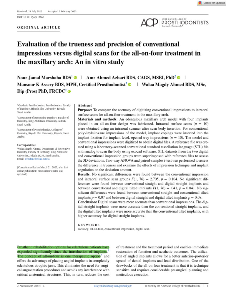 Journal of Prosthodontics - 2023 - Marshaha - Evaluation of The Trueness and Precision of ...