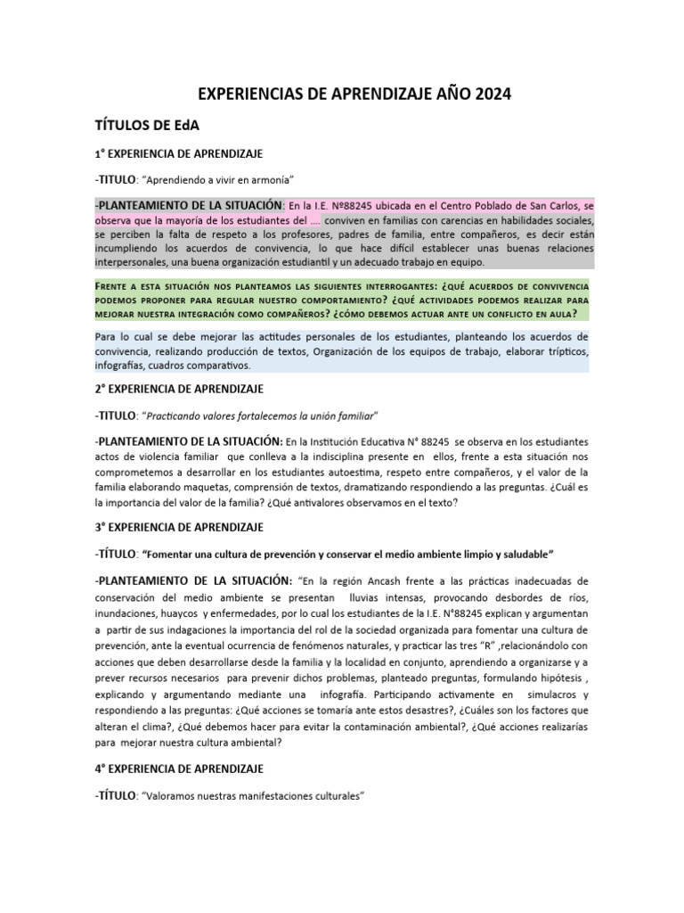 Titulos y Situaciones EdA 2024 | PDF | Aprendizaje | Alimentos