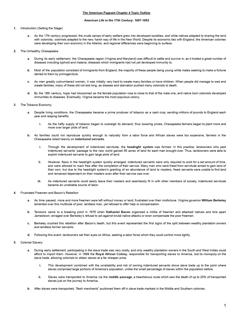 APUSH Chapter 4 Topic Outline | PDF | Slavery | Puritans
