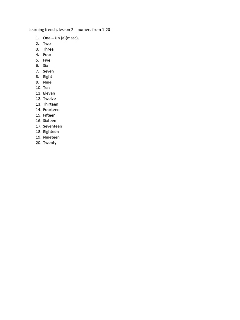 French Numbers 1-20 Lesson | PDF