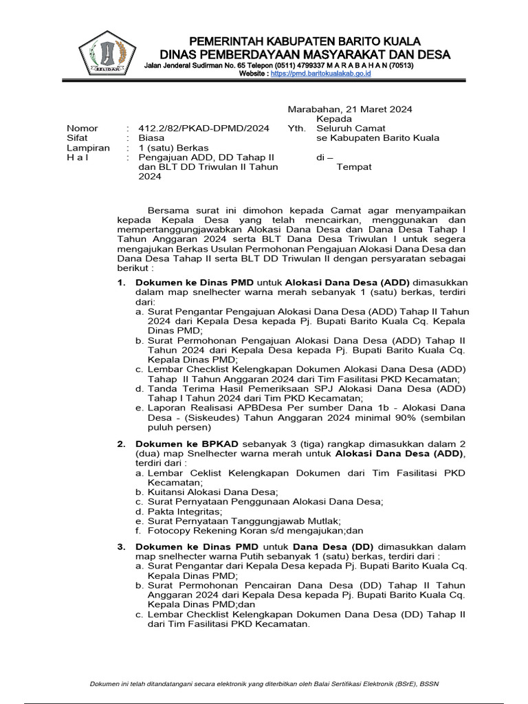 Surat Pengajuan Penyaluran ADD, DD Tahap I Dan BLT DD Triwulan II Tahun 2024 | PDF
