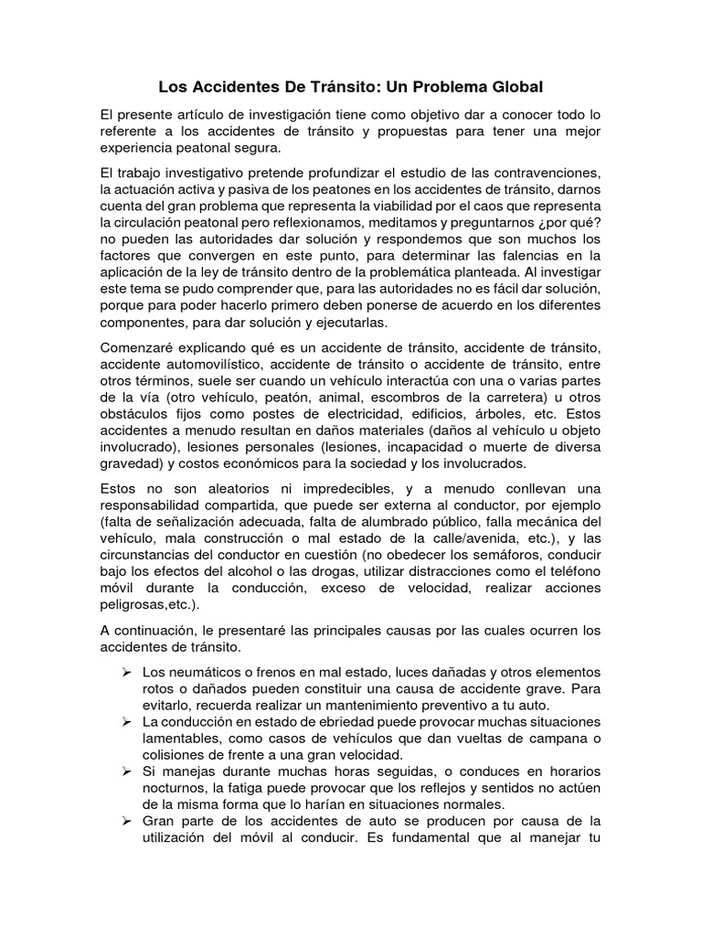 Accidentes de Transito Un Problema Global | PDF | Accidente de tráfico ...