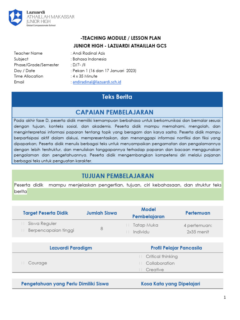 Modul Ajar Bindo Grade 7 (M1) | PDF | Karier & Perkembangan