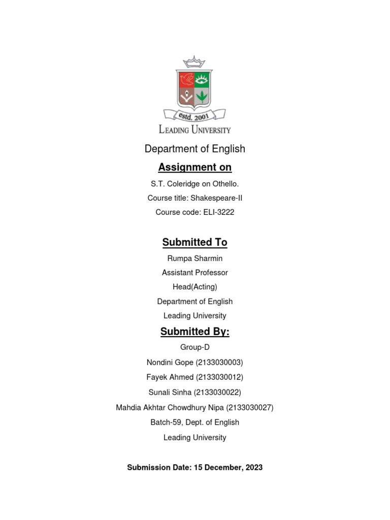Assignment of group (D).. | PDF | Othello | Iago
